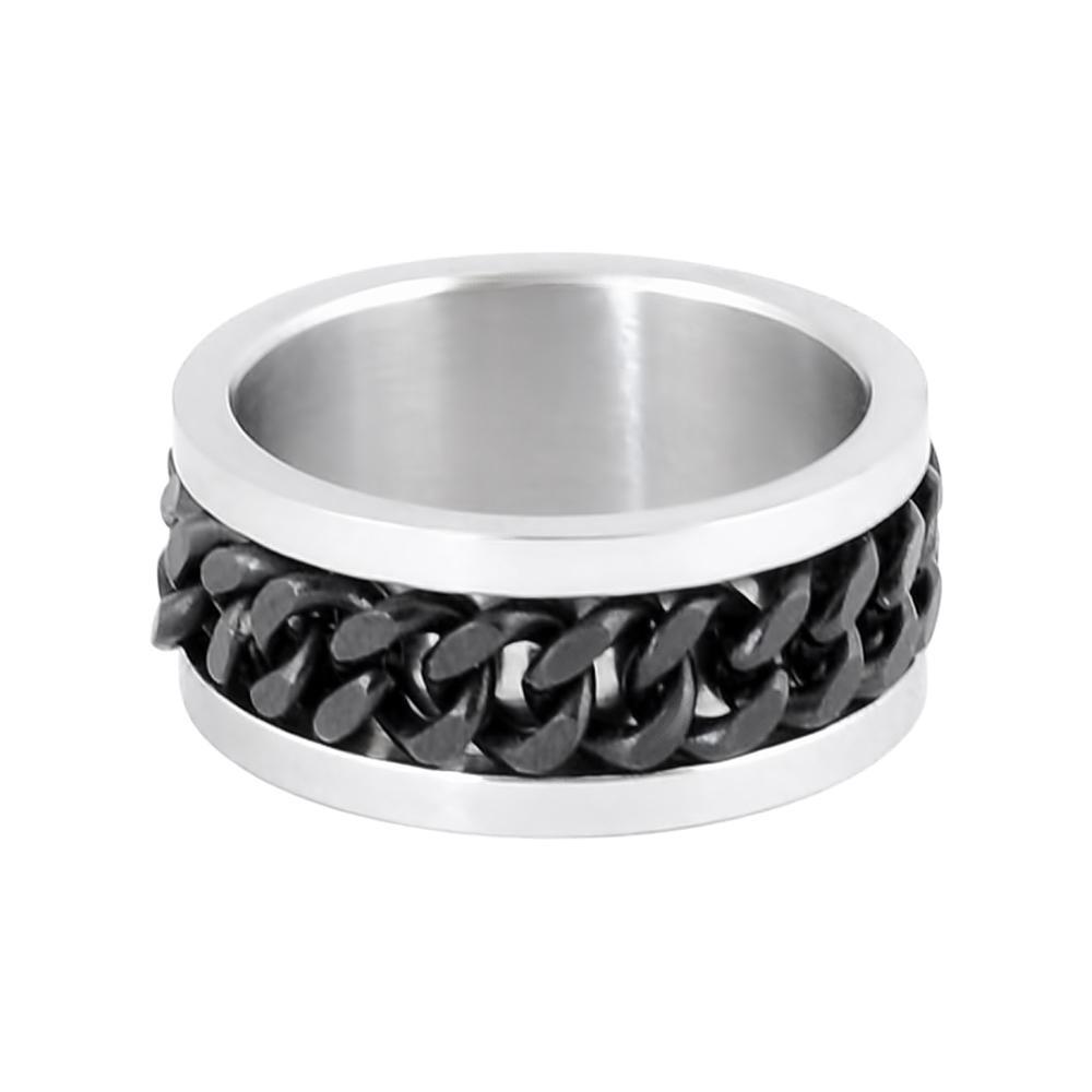 Silver and Black Cuban Chain Link Spinner Anxiety Fidget Ring ...