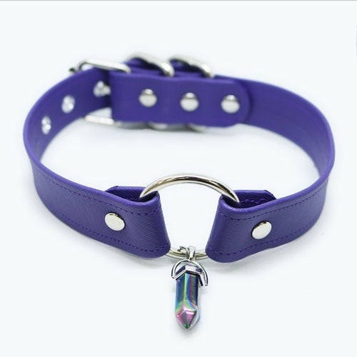 Gothic Style Purple Vegan Leather Punk Collar With Crystal Pendant Emo ...